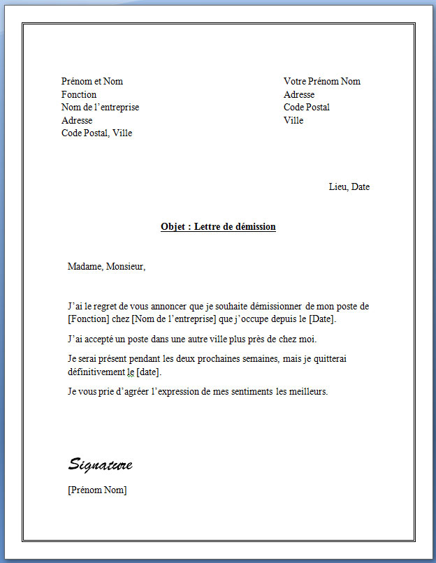Trois Lettres De D mission Avec Pr avis Gratuites Docutexte