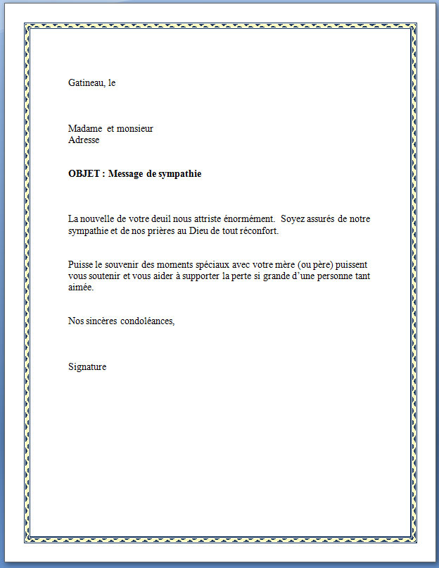 Lettre de condoléances Mère ou père - Docutexte