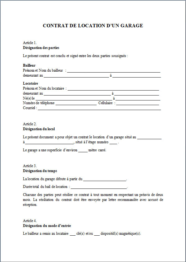 Contrat de location de garage - Docutexte