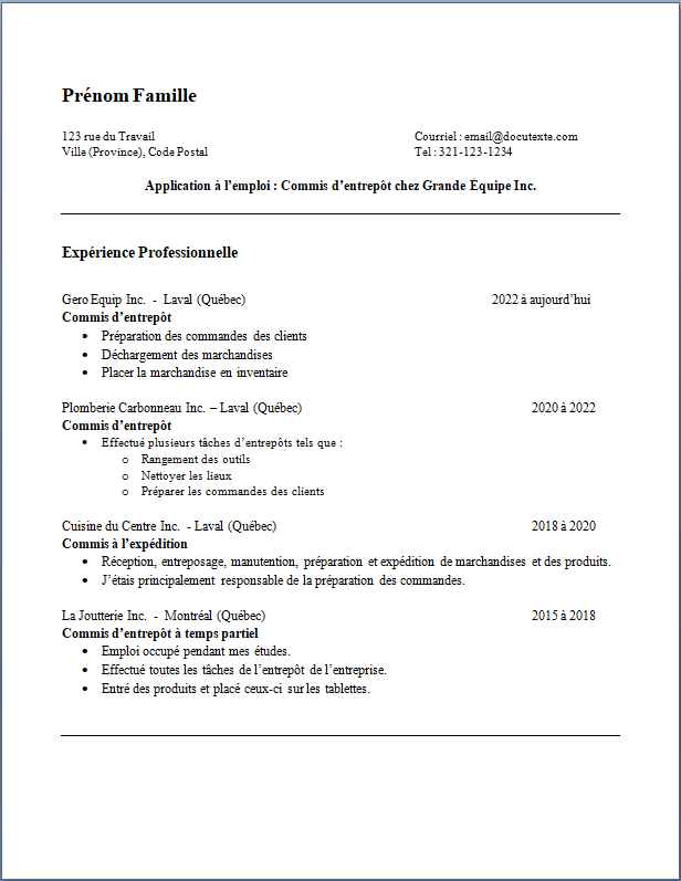 Commis d'entrepôt | Curriculum Vitae - Docutexte